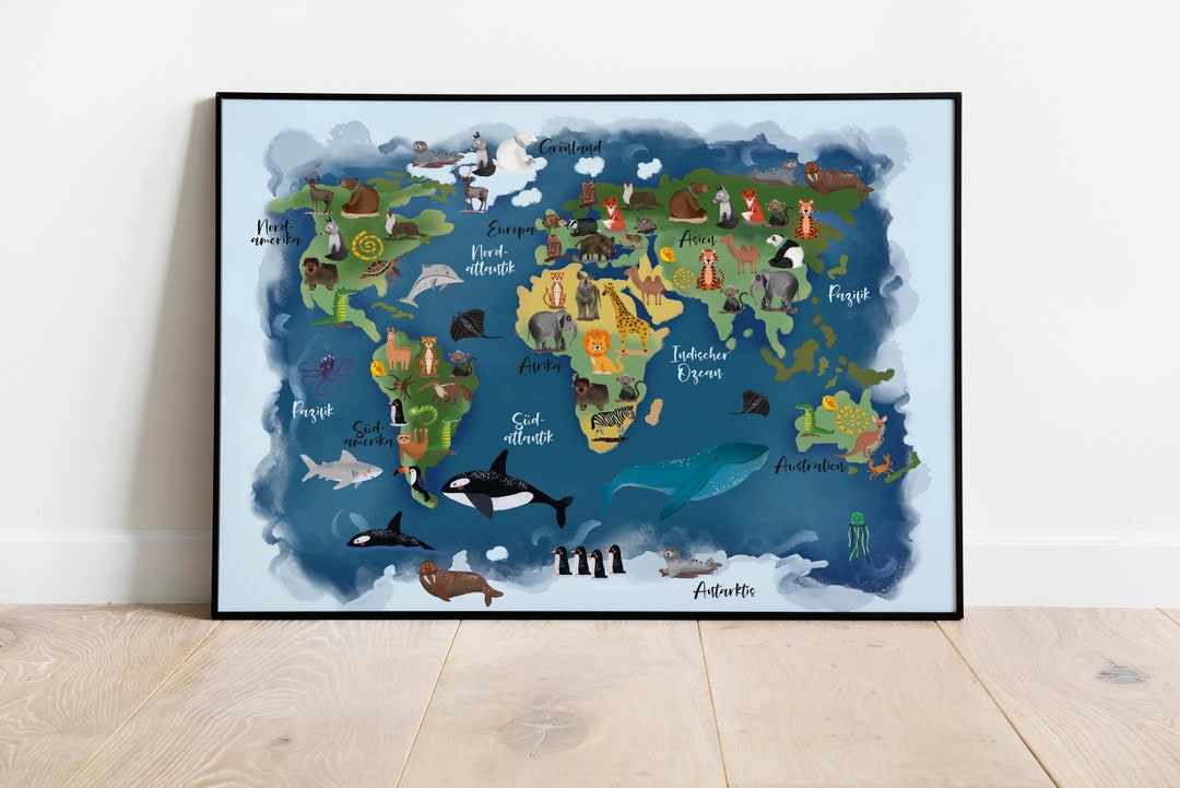 Art Print - Illustration World Map Animals Poster - Etsy