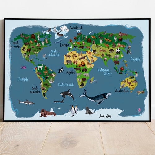 Art Print Illustration World Map Animals Poster - Etsy UK