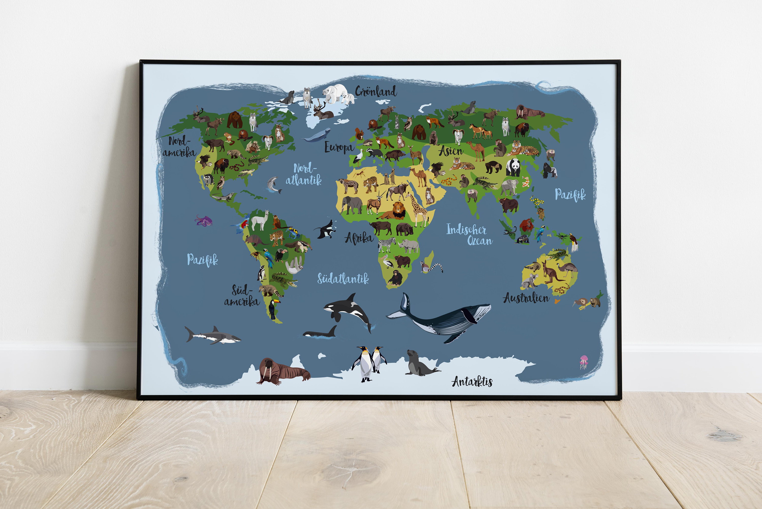 Art Print - Illustration World Map Animals Poster - Etsy UK