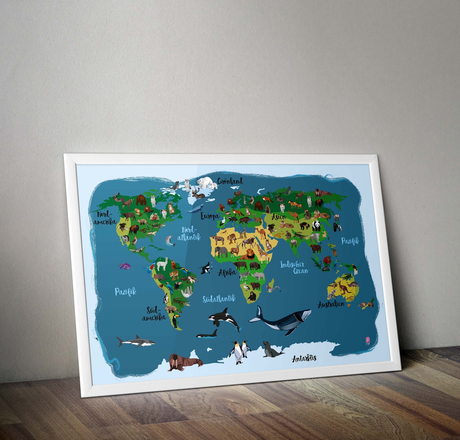 Art Print - Illustration World Map Animals Poster - Etsy UK