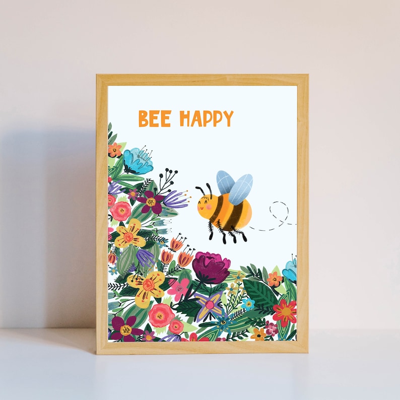 Art Print - Poster - Bee Happy - Bee With Colorful Flowers - Etsy Canada