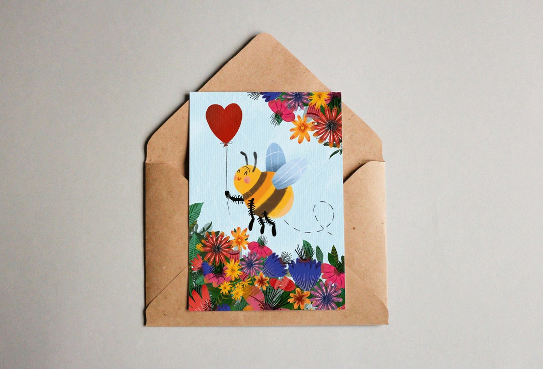 Postcard Birthday Card Bee With Heart Greeting Card Congratulations Bee ...