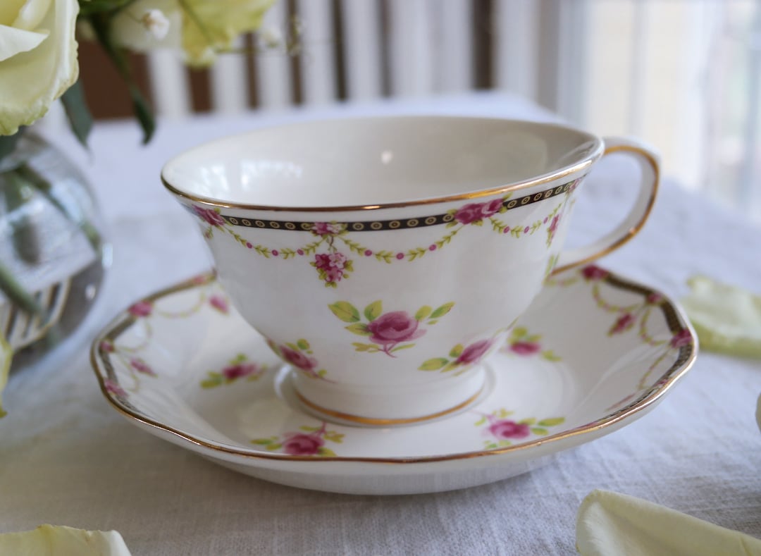 Grace Tea Ware CUP & SAUCER - Pink Roses - Floral Pattern - Footed ...