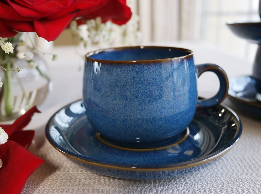 Denby CUP & SAUCER English Blue Pattern Ram Head Stamp Speckled Royal ...