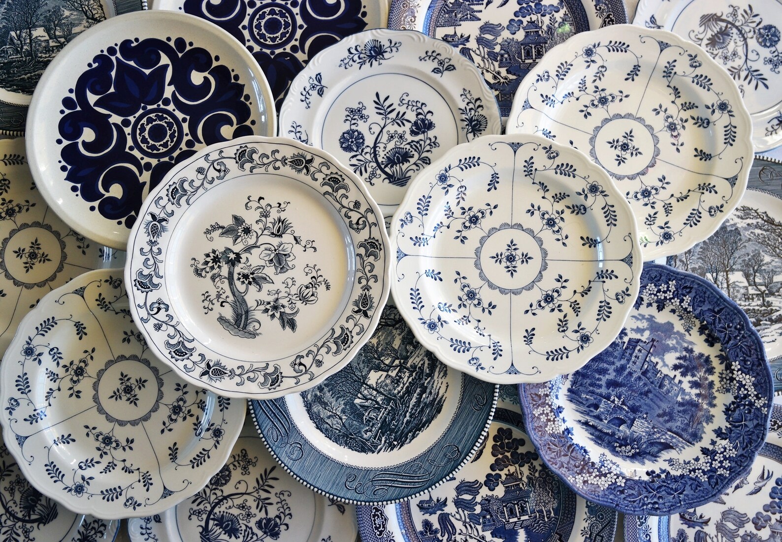 Blue White DINNER PLATES Mix & Match China Mismatched Plates Vintage ...