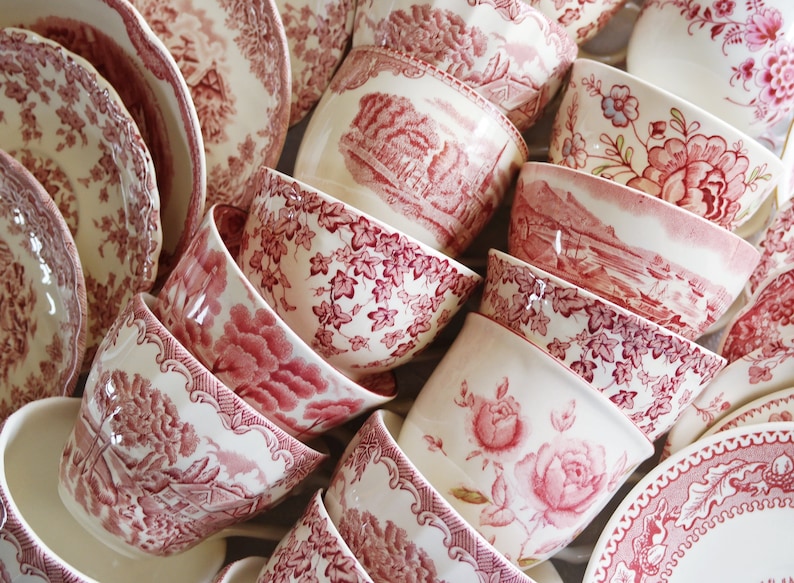 Pink Red White CUPS & SAUCERS Mismatched China Vintage Tea - Etsy