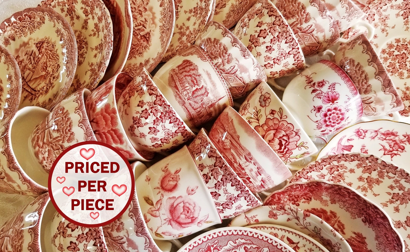 Pink Red White CUPS & SAUCERS Mismatched China Vintage Tea - Etsy