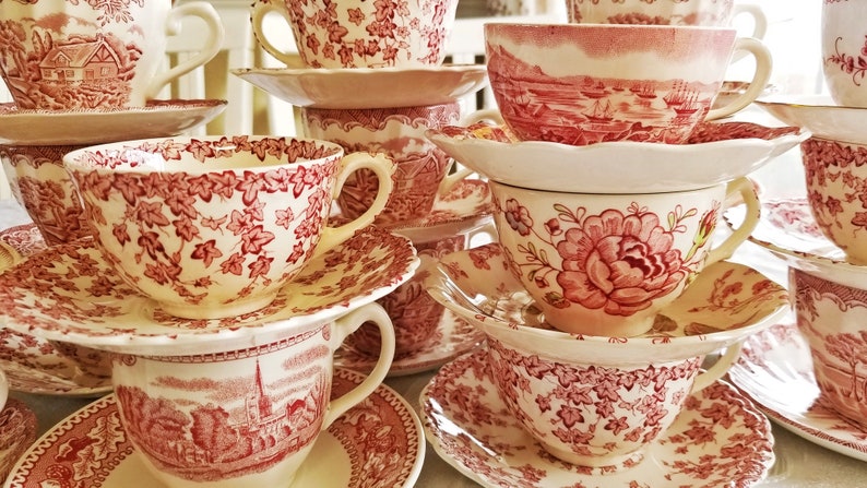 Pink Red White CUPS & SAUCERS Mismatched China Vintage Tea - Etsy