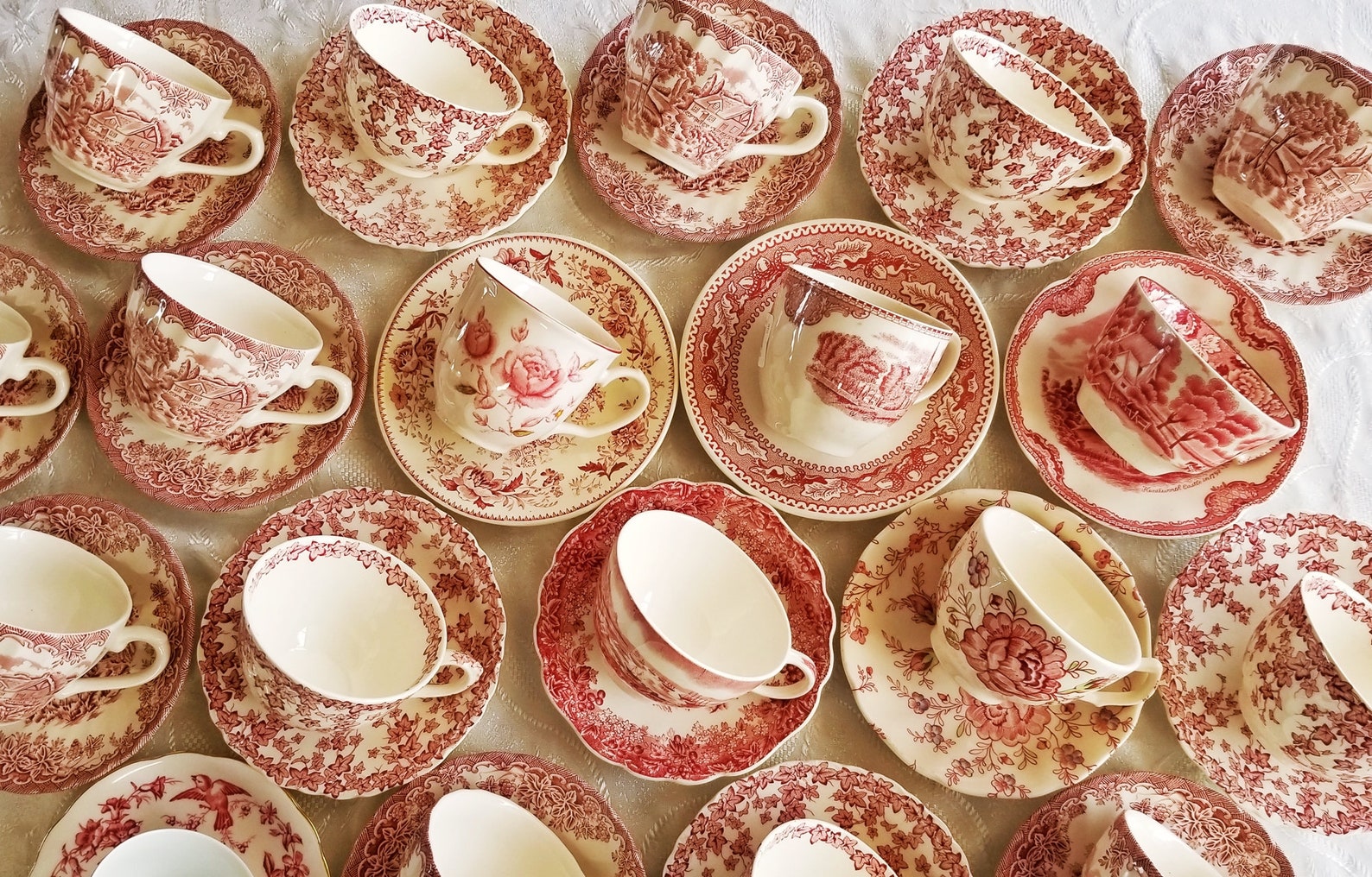 Pink Red White CUPS & SAUCERS Mismatched China Vintage Tea - Etsy