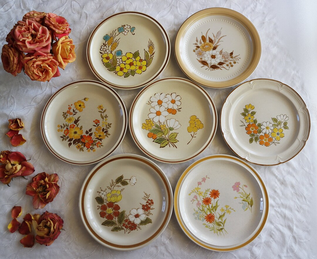 Stoneware DINNER PLATES - Floral Patterns - Yellow Orange Brown ...