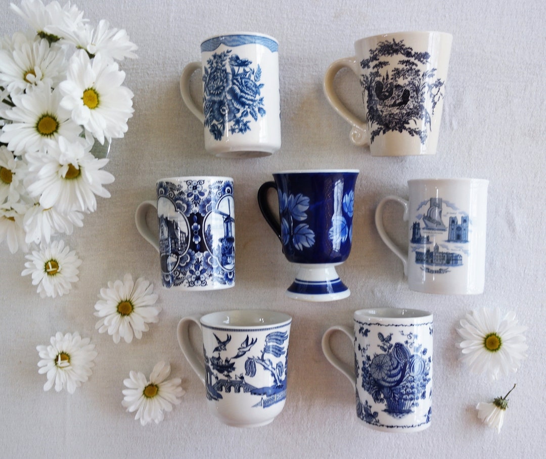 BLUE WHITE MUGS - Size 8 to 12 Fl Oz - Tea Coffee Breakfast Cups ...