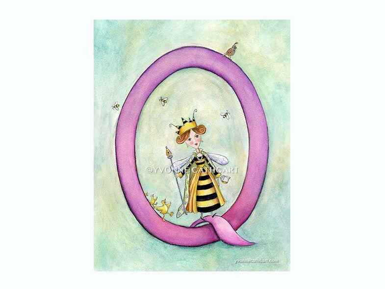 Queen Bee Art Letter Q Print Alphabet Q Whimsical Print - Etsy