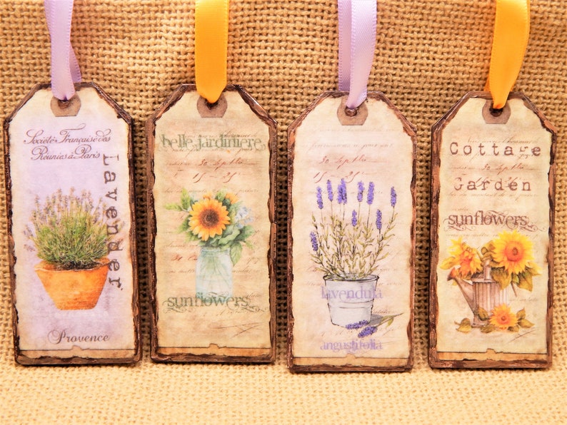 Decoupaged Wood Gift Tags: Lavender & Sunflower, Set of 4 - Etsy