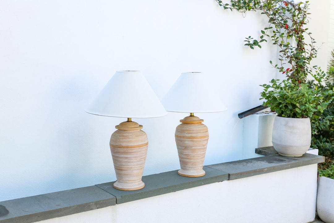 PAIR of Large Rattan Table Lamps With Empire Shades - Vintage, 1980s - Etsy