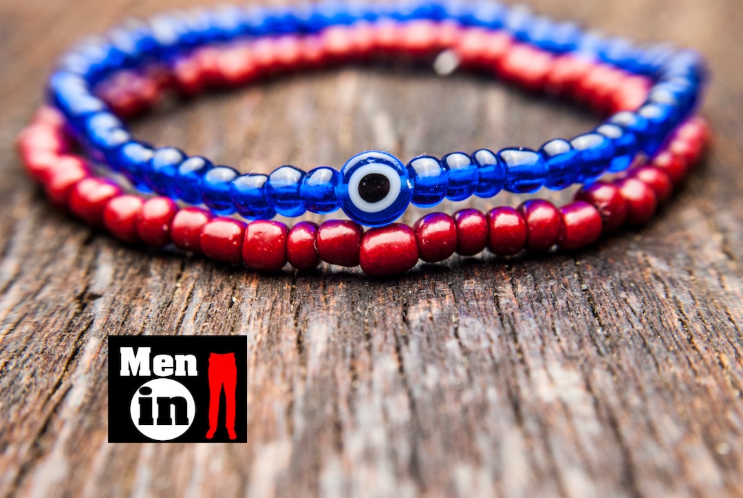 Men's Evil Eye Seed Bead Bracelet, Wine Red and Blue - Etsy