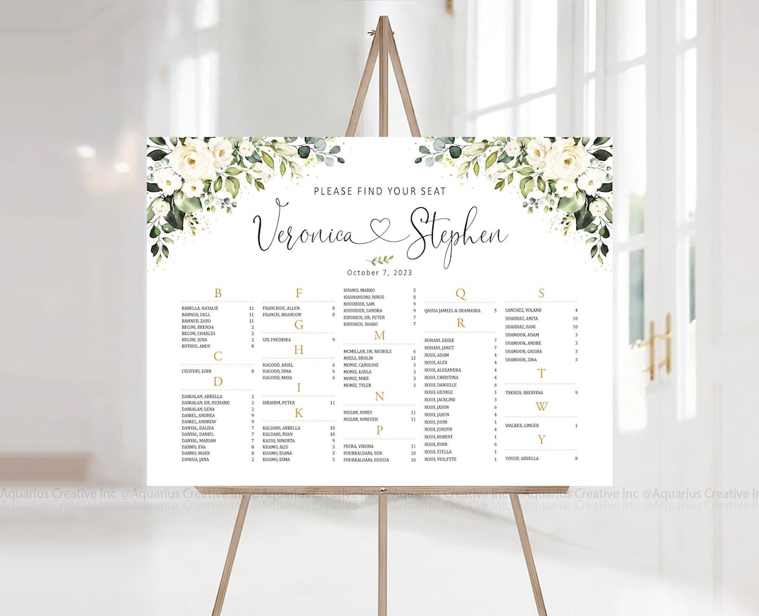 Wedding Seating Chart, Seating Chart Alphabetical, Seating Chart ...