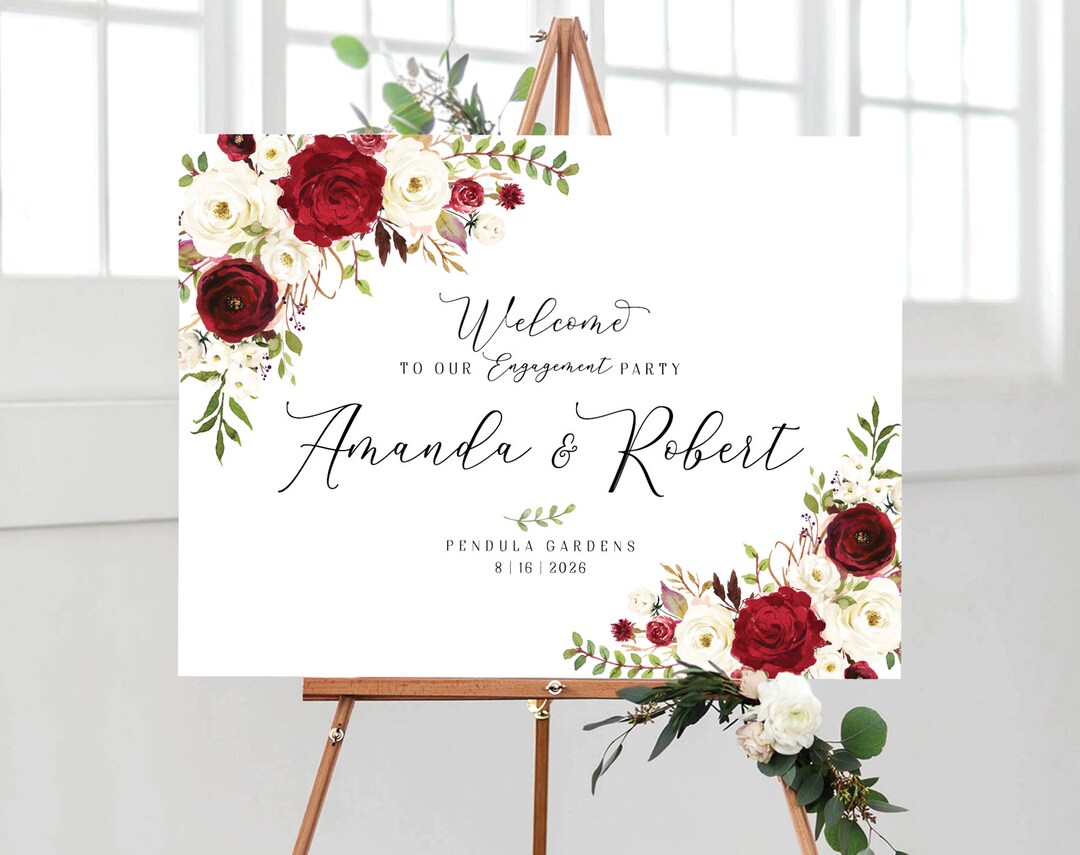Engagement Welcome Sign, Welcome Engagement Party Sign, Burgundy ...