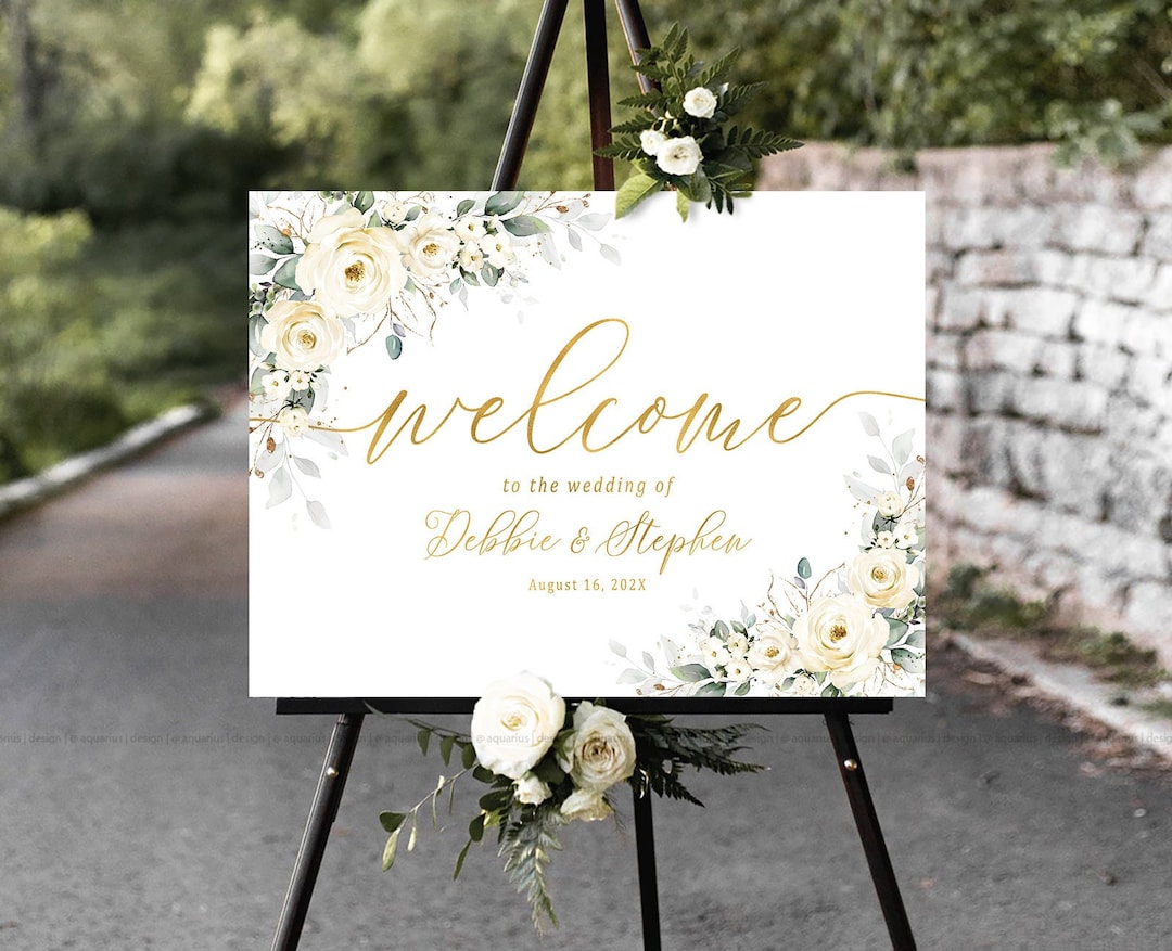 White Rose Wedding, Wedding Welcome Sign, Greenery Wedding Sign ...