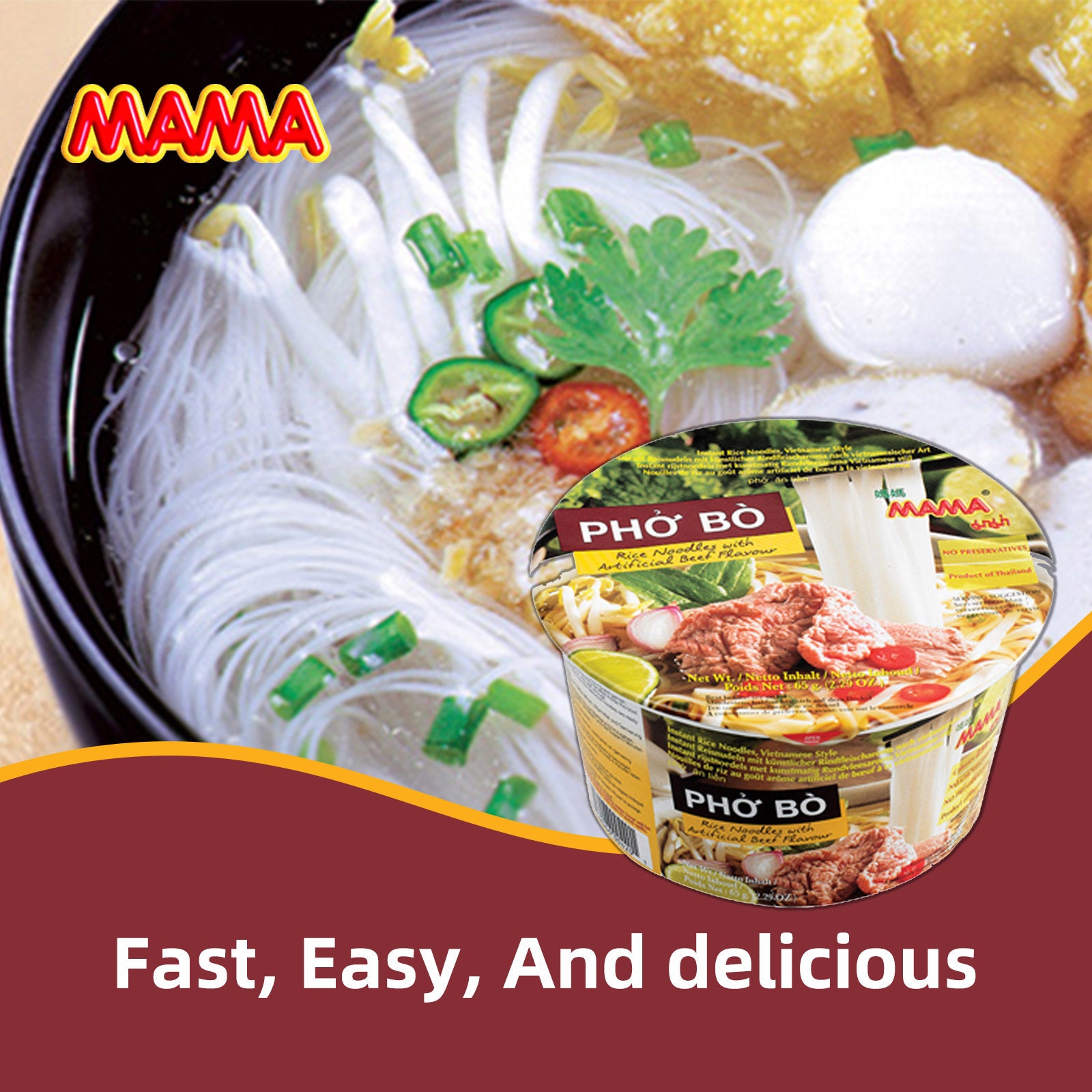 MAMA Pho Bo Instant Beef Soup Bowl Noodle 2.29 Ounce pack of 6 Vietnamese Pho Rice Noodles Thai ...