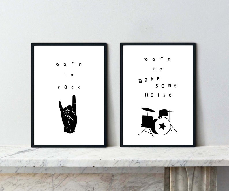 Set of 2 Rock and Roll Nursery Prints, Cool Kids Wall Art, Baby Drummer ...