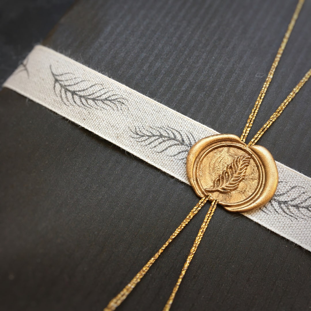 Linen Feather Ribbon, Natural Ribbon With a Charcoal Print - Etsy UK