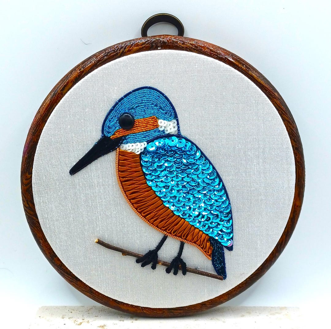 Handmade Goldwork Kingfisher Embroidery: Beaded Bird Wall Art, 6" Hoop ...
