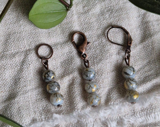 Beautiful Grey Beaded Stitch Markers, Progress Keepers, Copper Accents, Knitting, Crochet ...