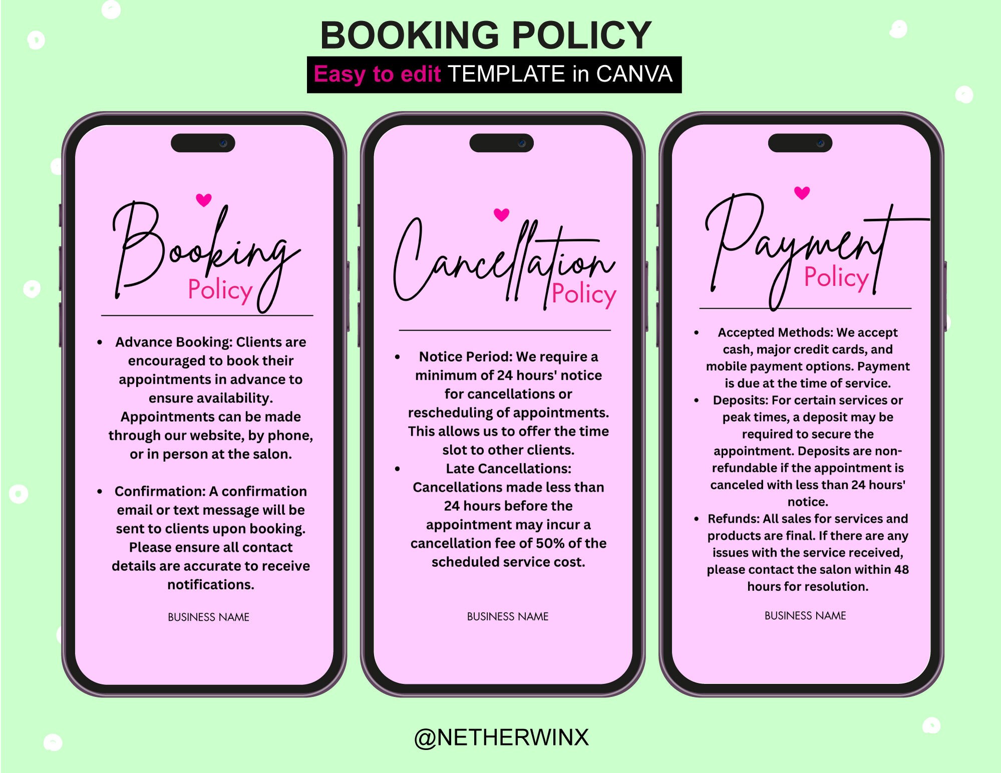 Booking Policy Template for Instagram Story, Post & Print, Terms and ...