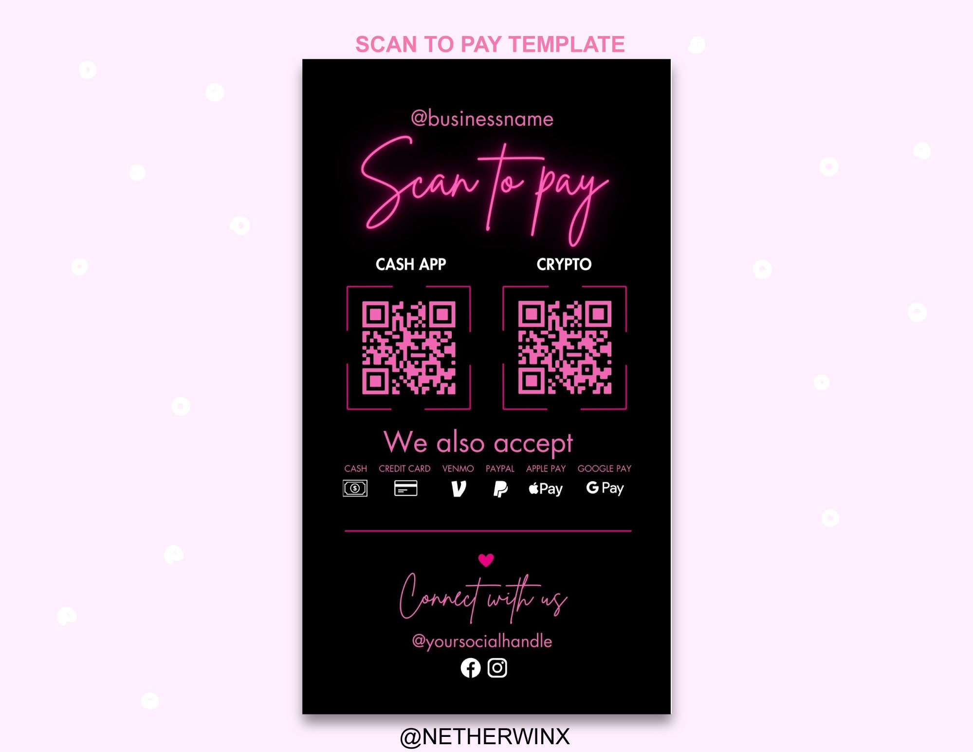PINK Qr Code Sign Scan to Pay Template Flyer, Canva Template Editable ...
