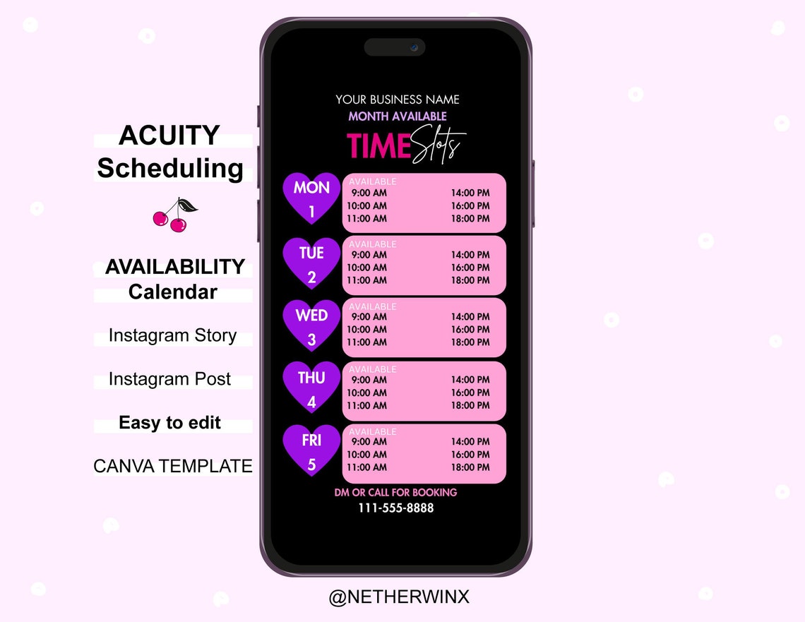Acuity Scheduling Template, Weekly Availability Calendar Instagram Story, Available Booking Time ...