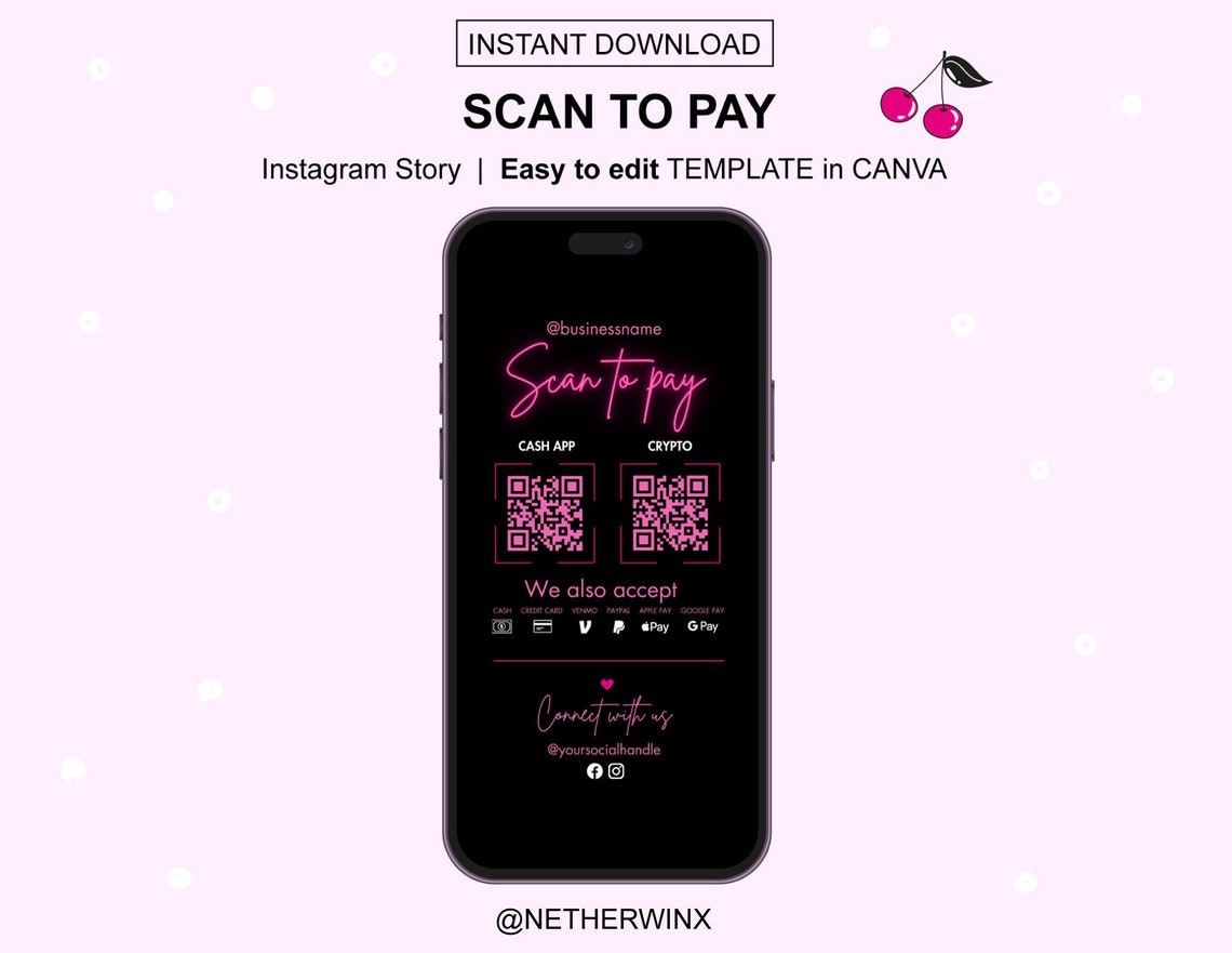 PINK Qr Code Sign Scan to Pay Template Flyer, Canva Template Editable ...