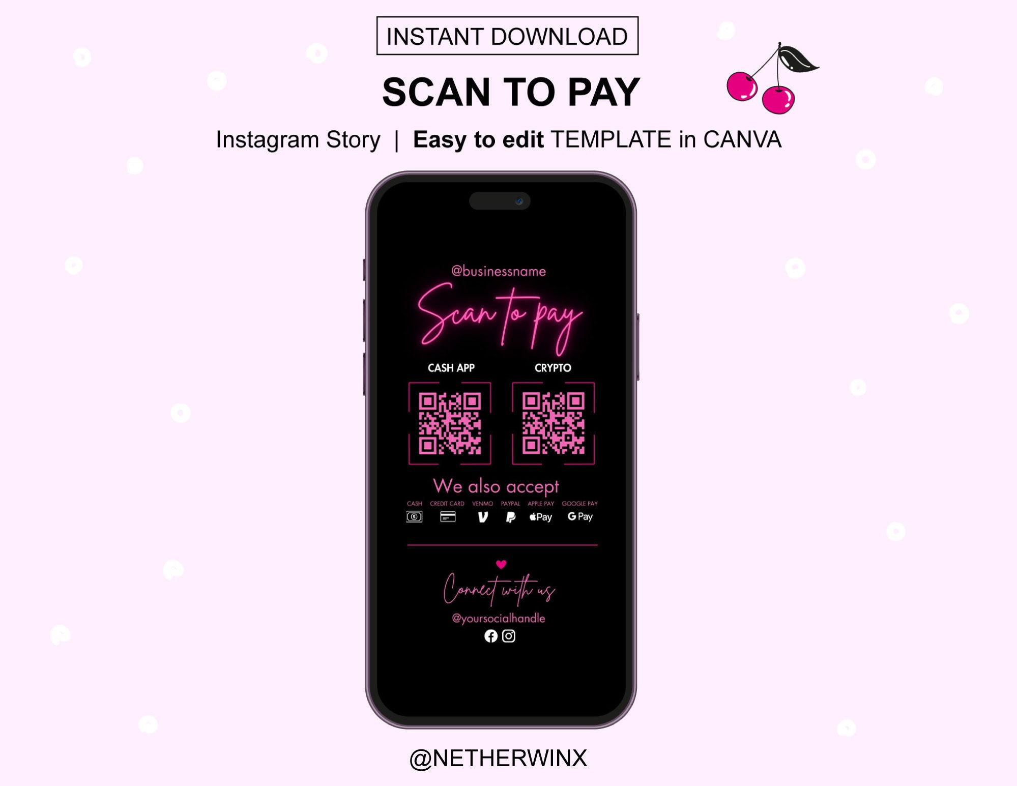 PINK Qr Code Sign Scan to Pay Template Flyer, Canva Template Editable ...