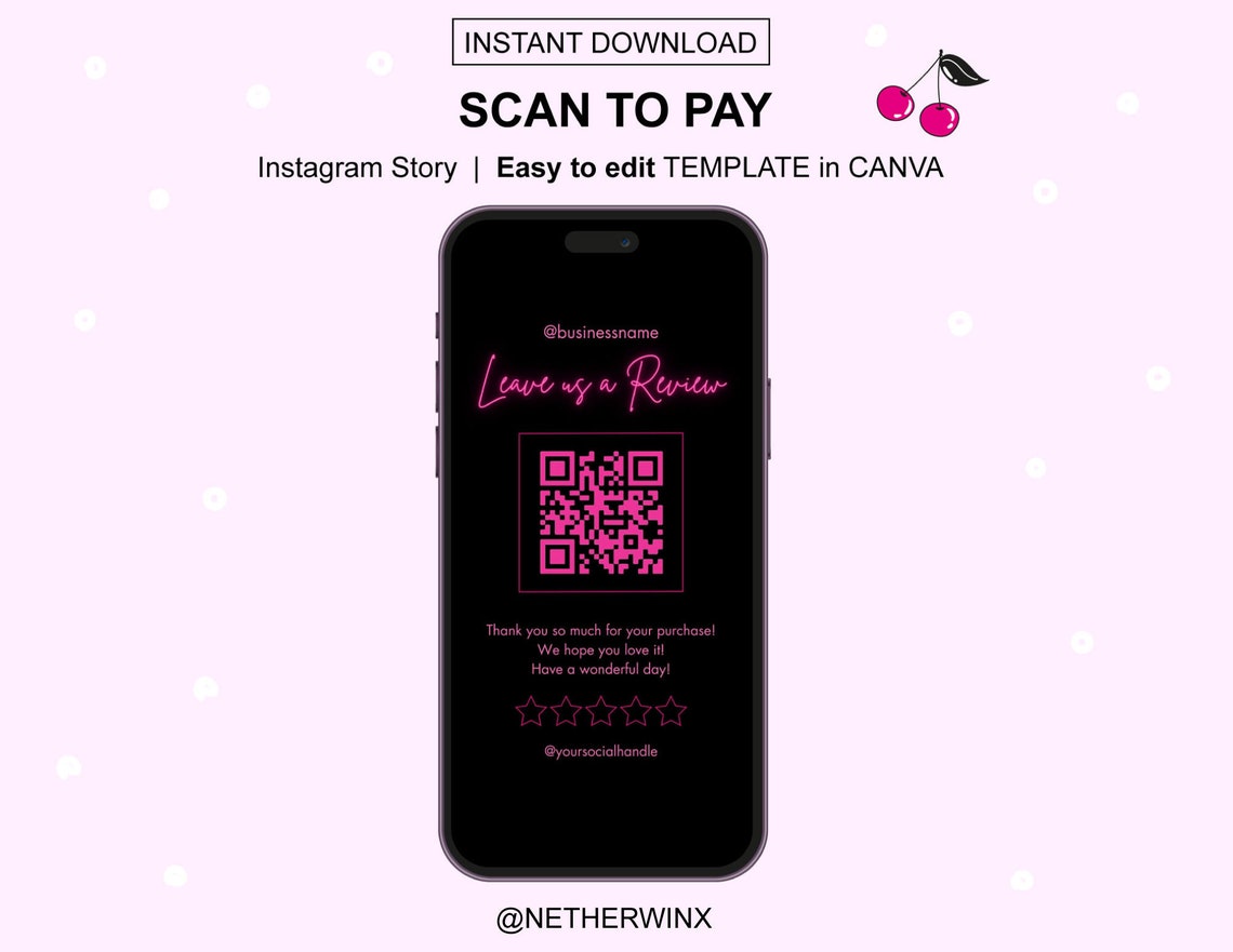 PINK Qr Code Sign Scan to Pay Template Flyer, Canva Template Editable ...