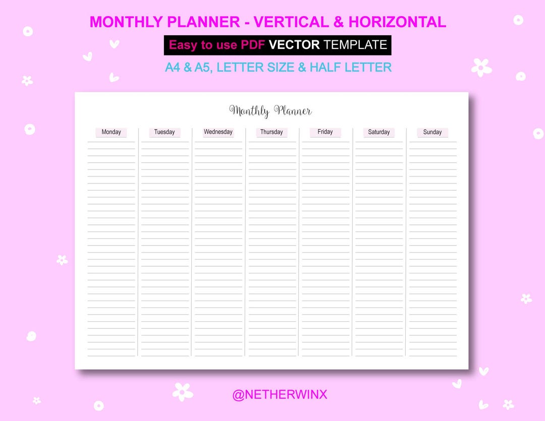 Monthly Planner Schedule Layout A4 and A5, Monthly Calendar Template - Etsy