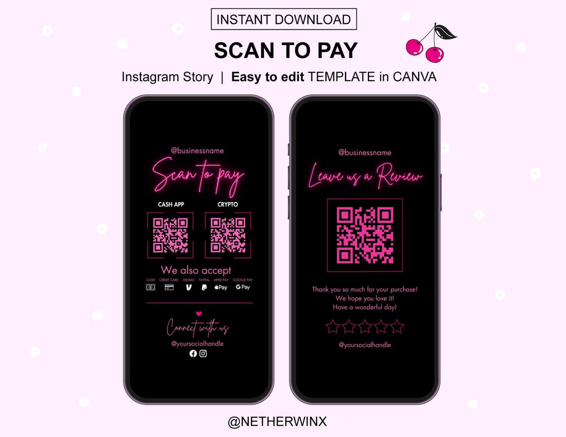 PINK Qr Code Sign Scan to Pay Template Flyer, Canva Template Editable ...