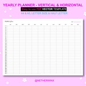 Yearly Planner, Editable Printable Yearly Overview One Page, Year at a ...