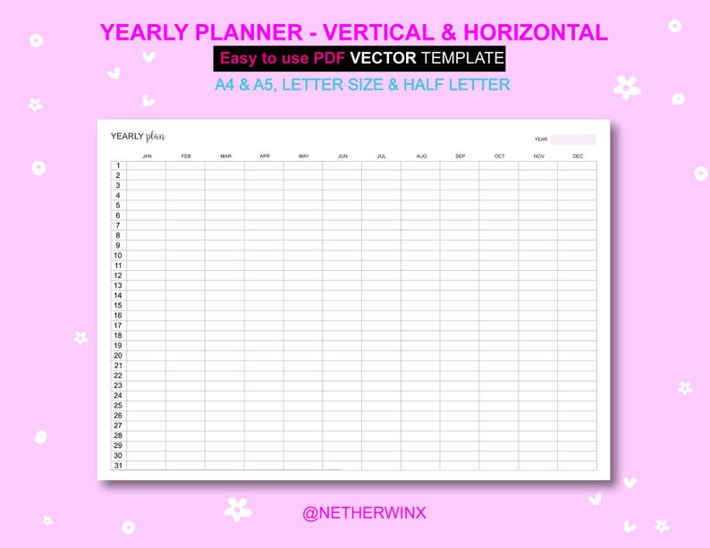 Yearly Planner, Editable Printable Yearly Overview One Page, Year at a ...