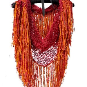 Alpaca Long Fringe Shawl, Suri Alpaca Hand Knit Boho Shawl, Cranberry ...