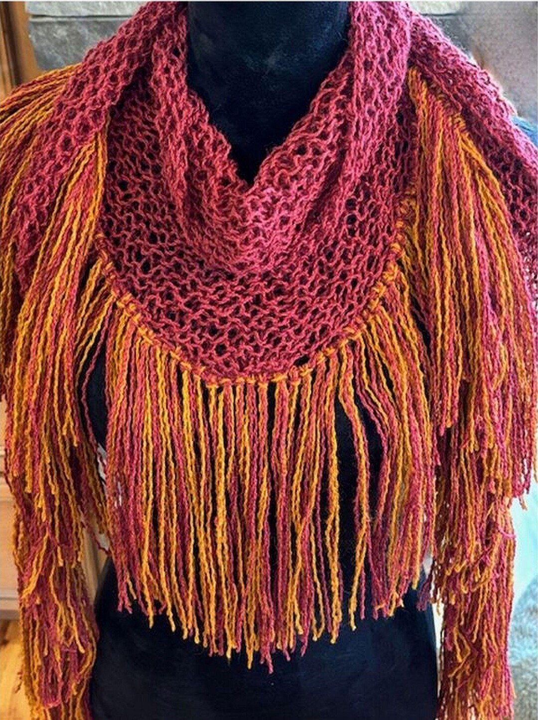 Alpaca Long Fringe Shawl, Suri Alpaca Hand Knit Boho Shawl, Cranberry ...