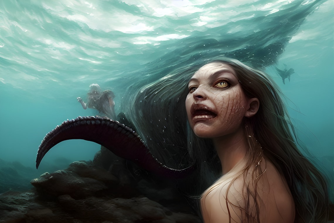 Scary Creepy Seahags Terrifying Mermaids in the Ocean Horror Set of 4 ...