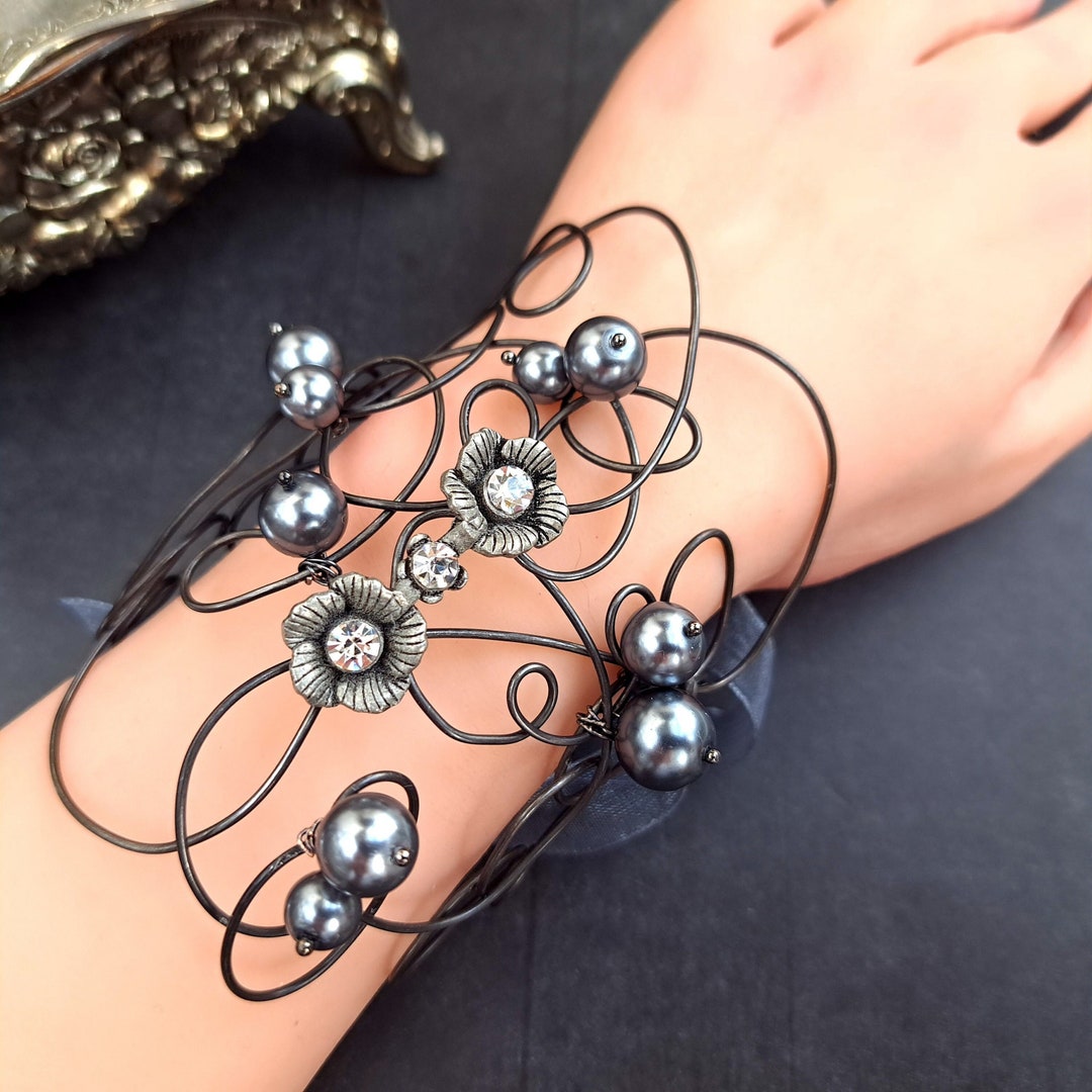Unique Edgy Vintage Style Silver Rhinestone&gray Pearl VERY WIDE Cuff ...