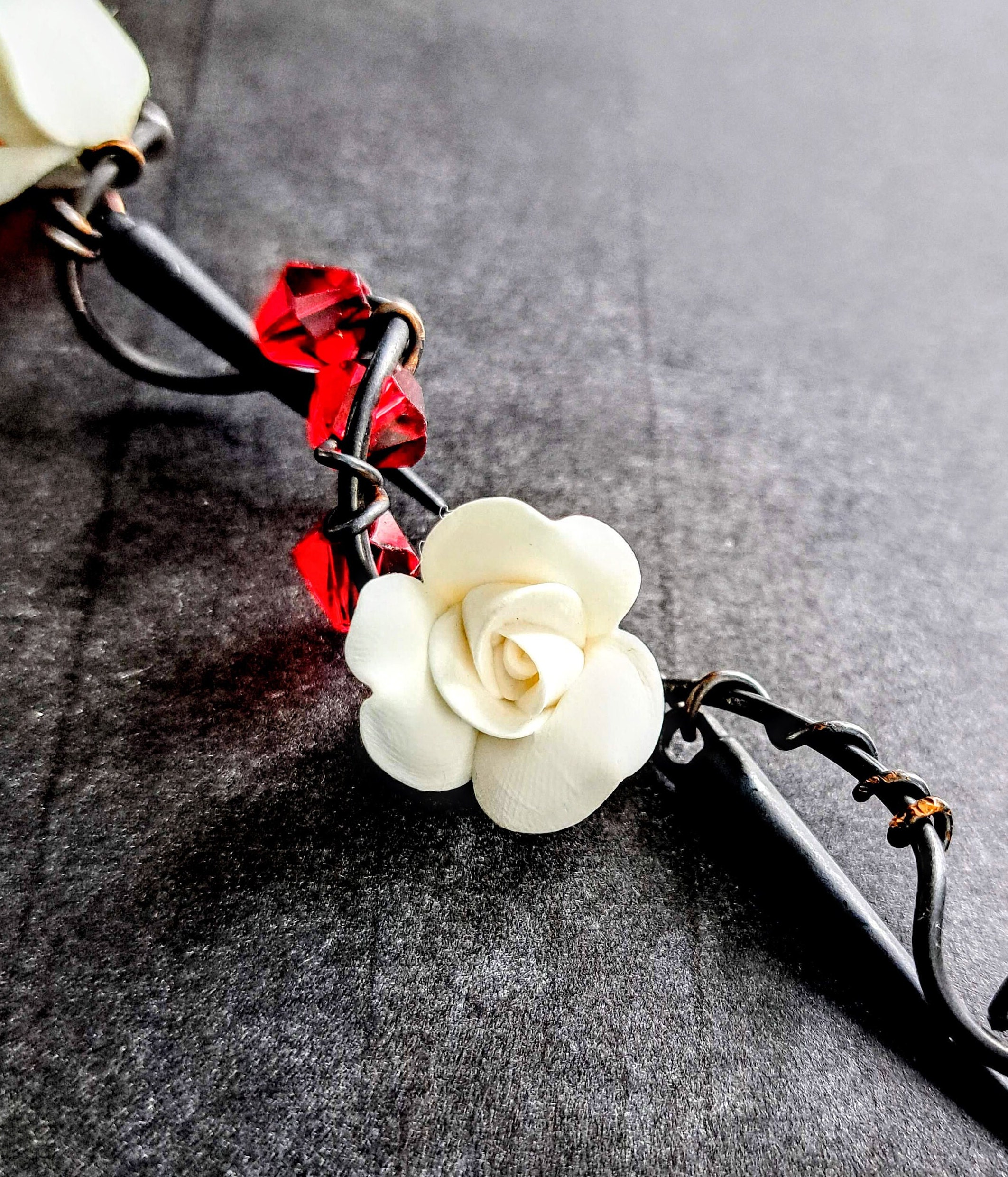 Edgy Porcelain White Rose&black Spiked Drop Ribbon Choker,scarlet Red ...