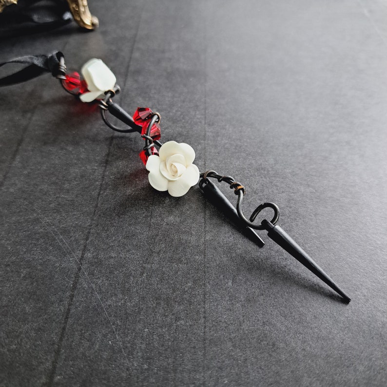 Edgy Porcelain White Rose&black Spiked Drop Ribbon - Etsy