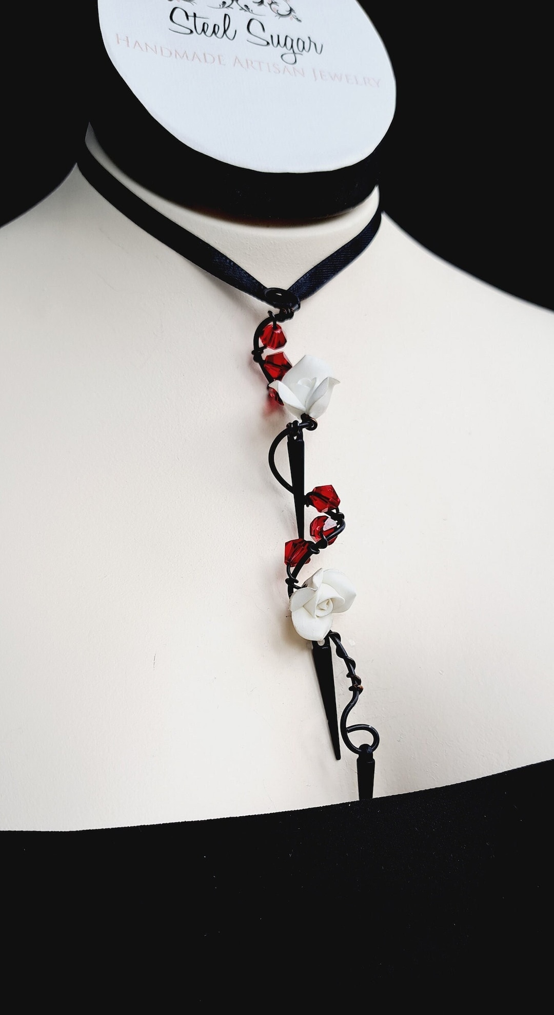Edgy Porcelain White Rose&black Spiked Drop Ribbon Choker,scarlet Red ...