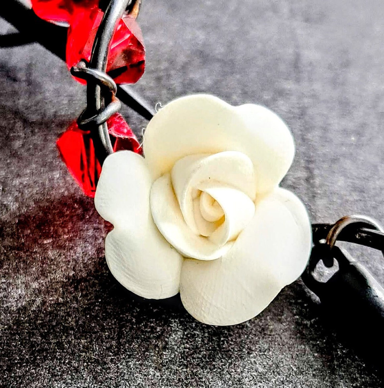 Edgy Porcelain White Rose&black Spiked Drop Ribbon Choker,scarlet Red ...