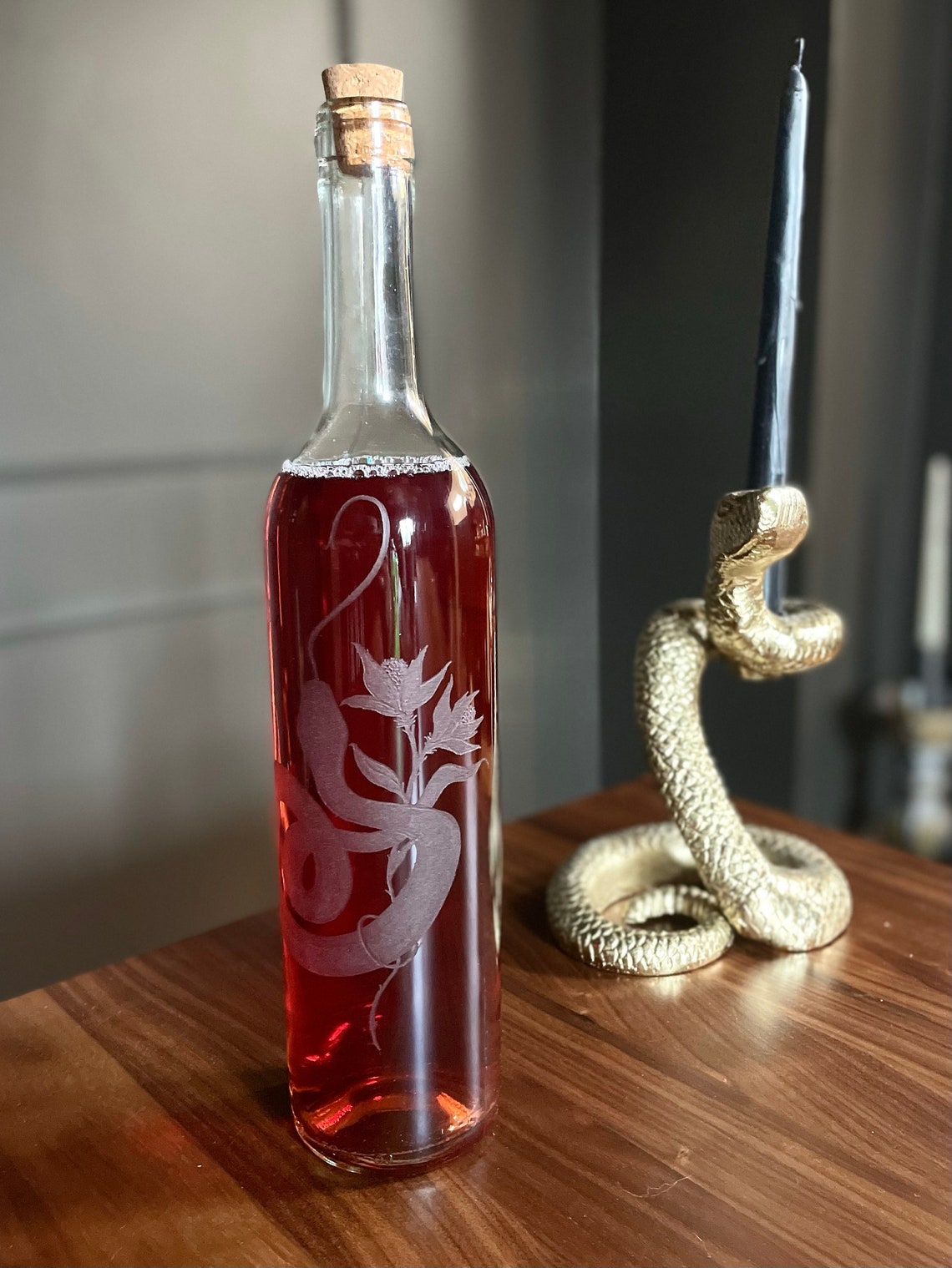 Hand Engraved Wine Bottle, Snake and Florals - Etsy
