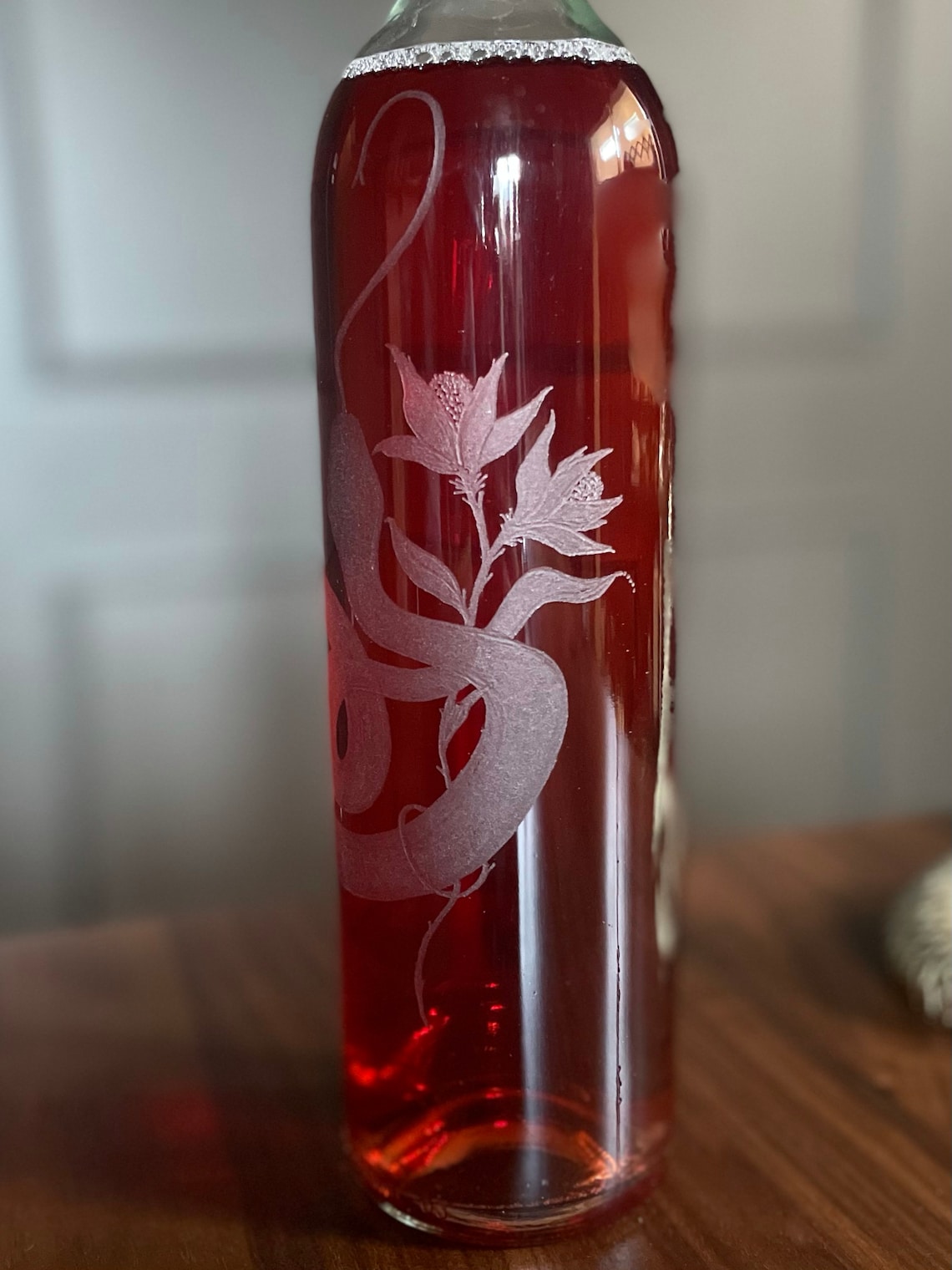 Hand Engraved Wine Bottle, Snake and Florals - Etsy