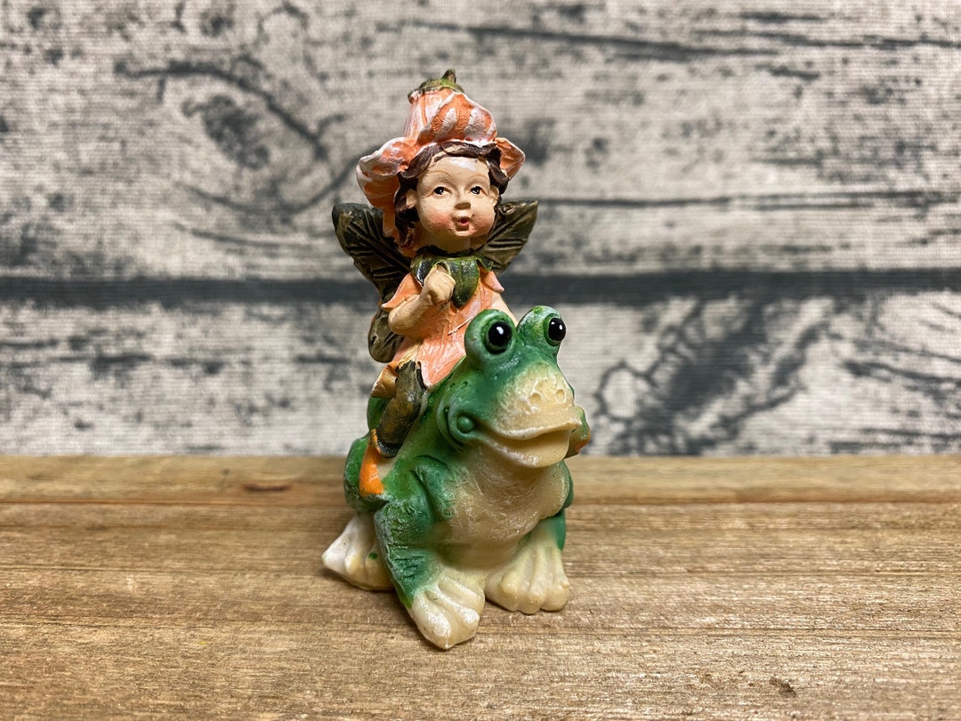 Fairy Garden Little Girl Flower Fairy Riding on Frog Miniature Figurine ...
