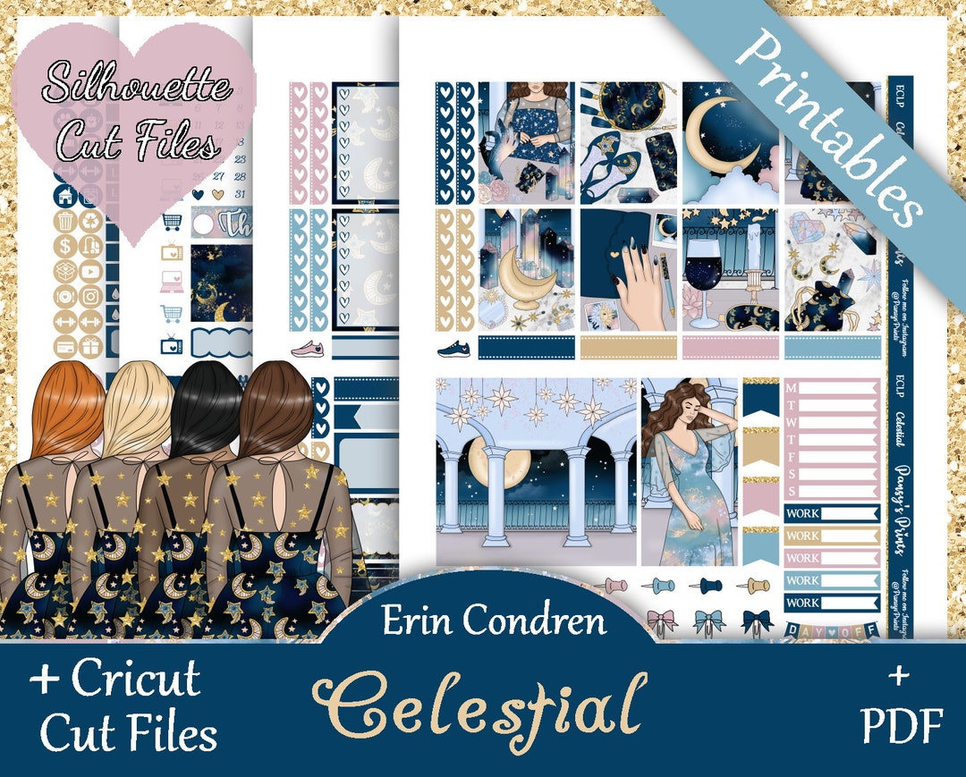 Printable Planner Stickers, Erin Condren, Celestial, Vertical, Weekly Kit, Free Silhouette Cut ...