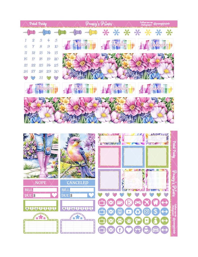 Printable Planner Stickers, Erin Condren, Petal Party, Vertical, Weekly ...